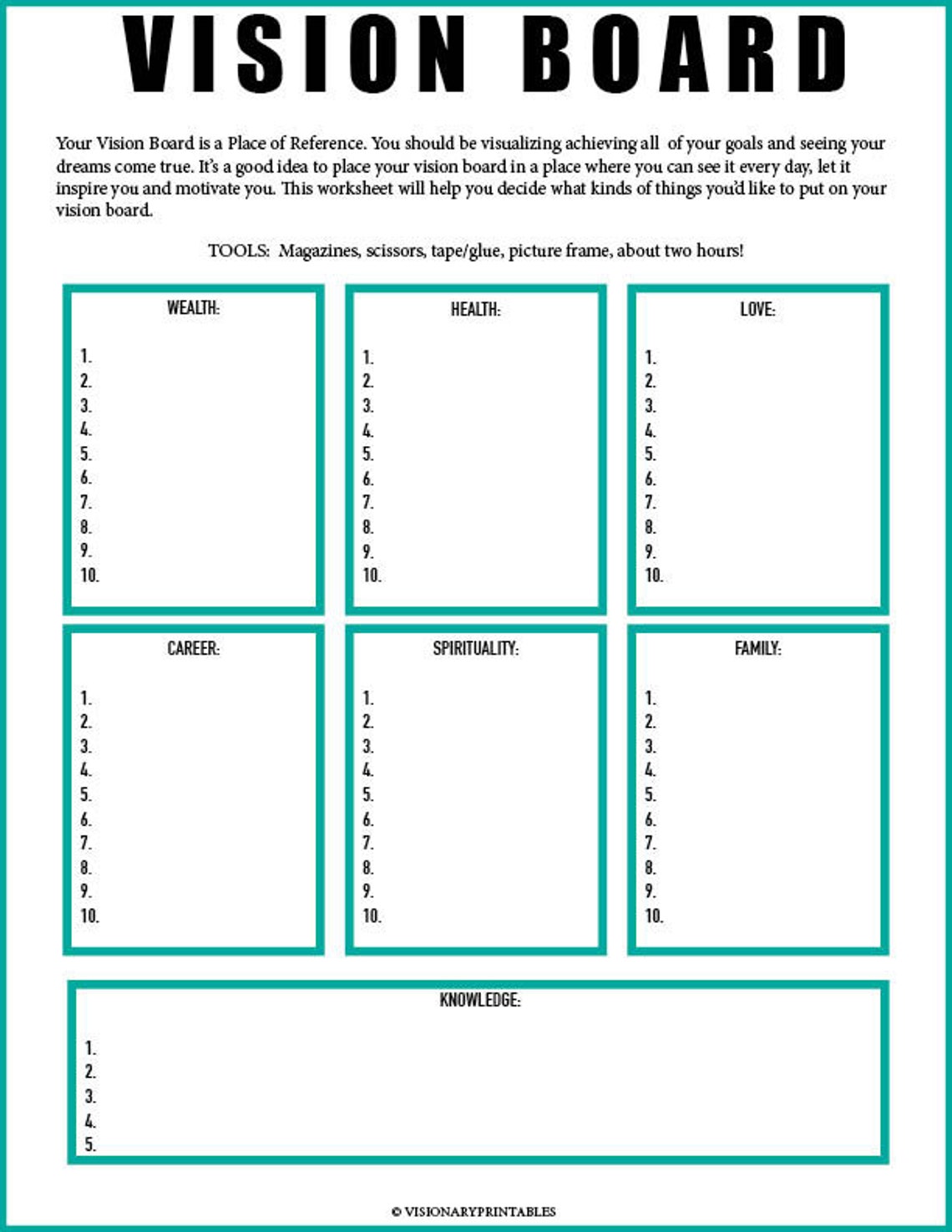 Vision Board Worksheet// Vision Board Checklist// Law of | Etsy