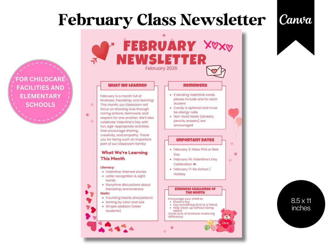 February Classroom Newsletter Template | Valentine’s Day School ...