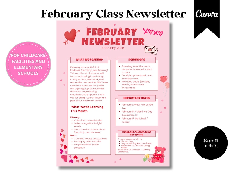 February Classroom Newsletter Template | Valentine’s Day School ...