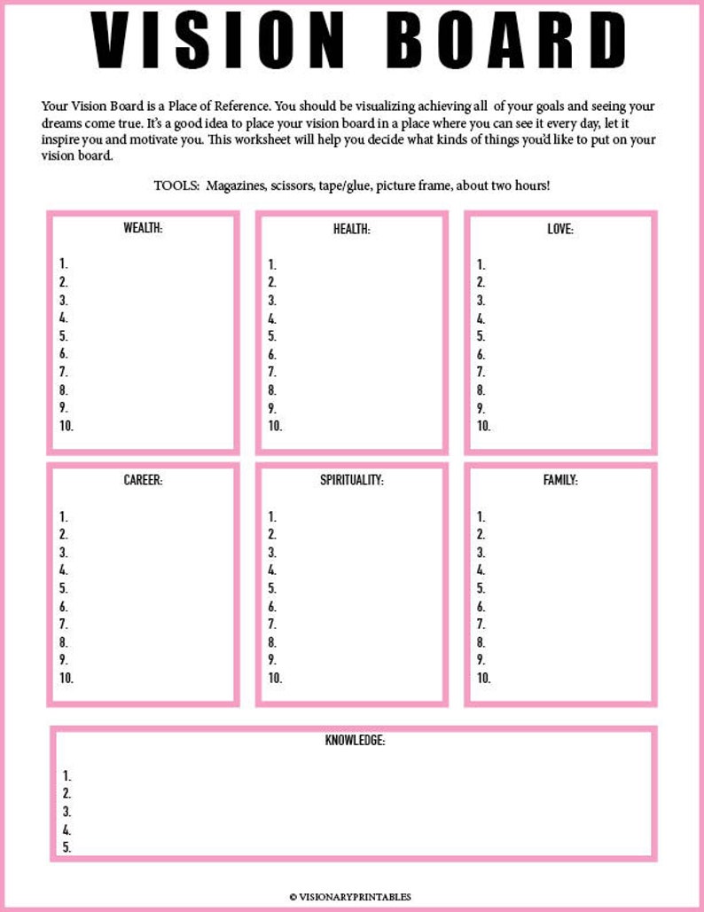 Vision Board Worksheet Vision Board Checklist Law Of Etsy