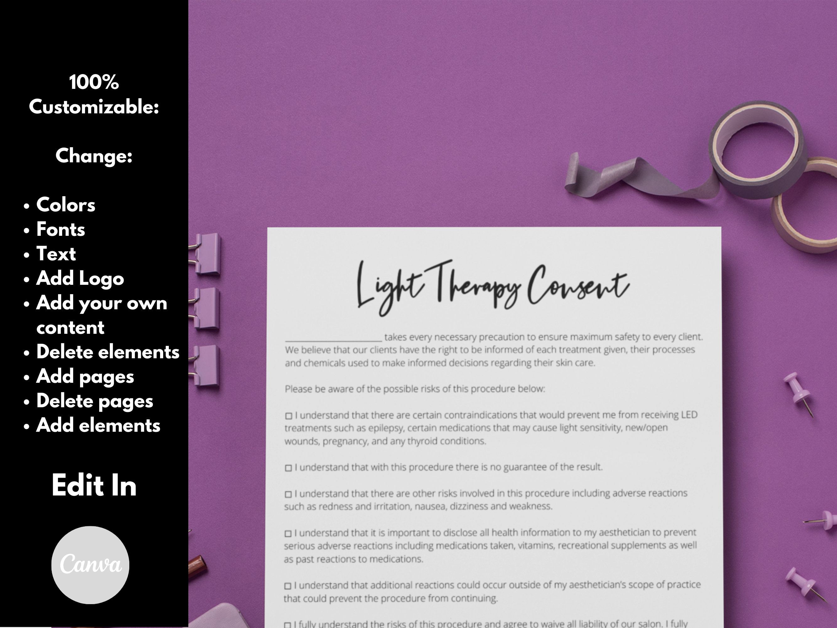 LED Light Therapy Consent Forms, Light Therapy Aesthetician Forms ...
