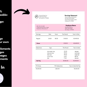 Editable Employee Pay Stub Template: Payroll Earnings Statement ...