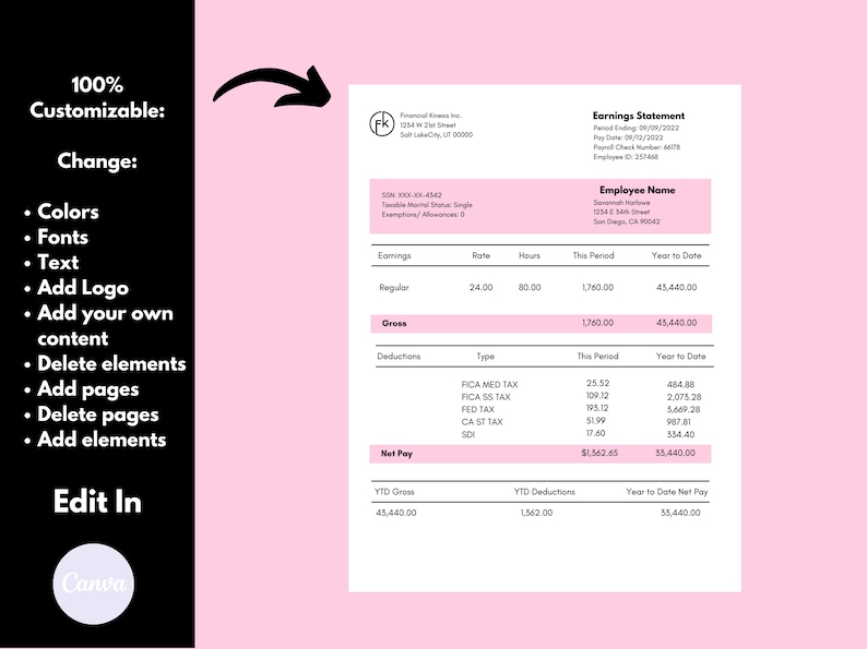 Editable Employee Pay Stub Template: Payroll Earnings Statement ...