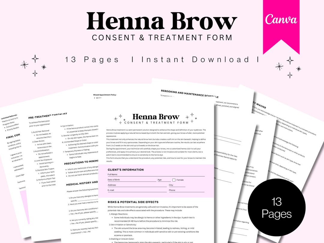 Henna Brow Consent Form Template Editable Canva Brow Treatment Consent ...