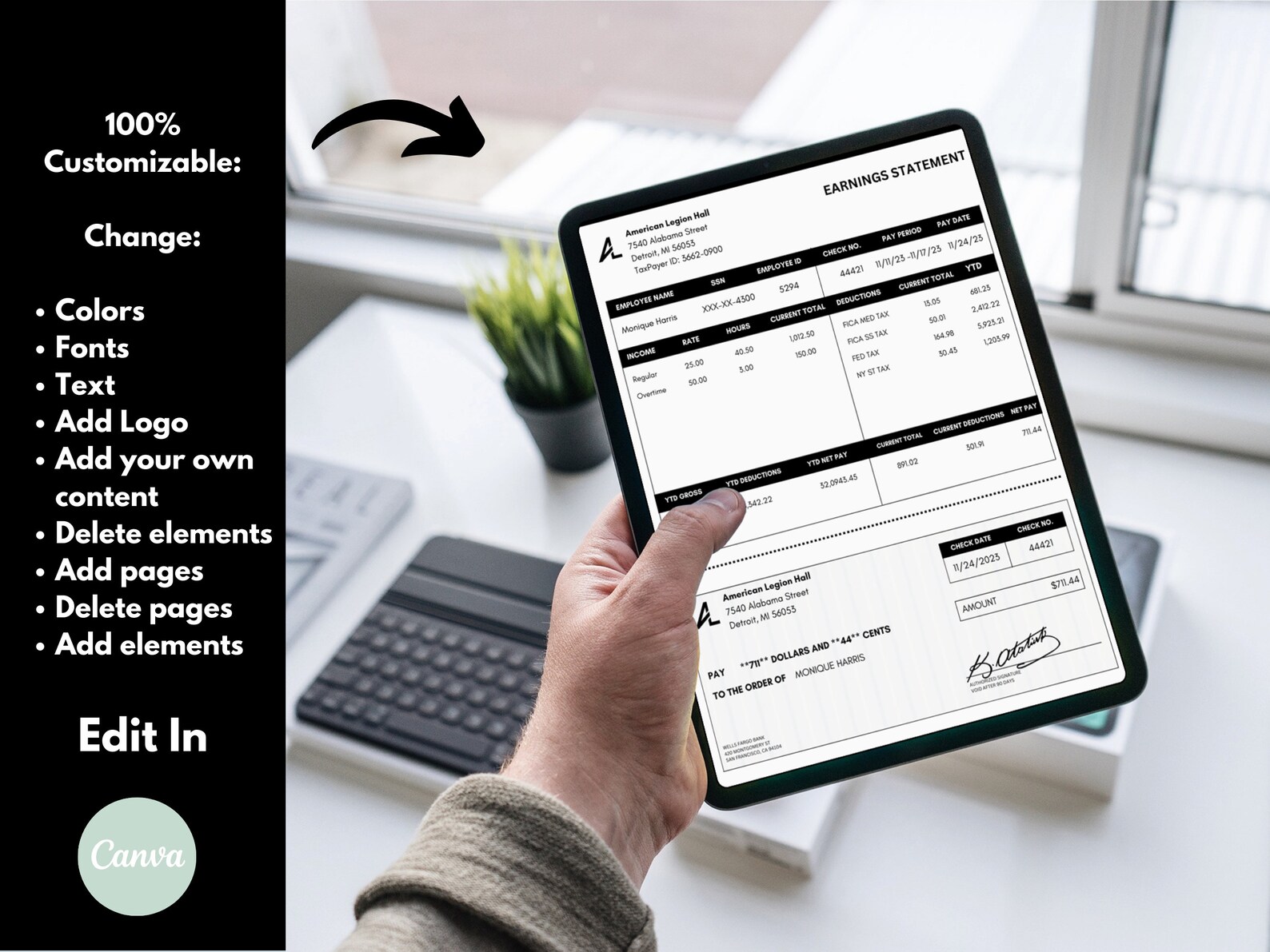 Editable Employee Pay Stub Template: Digital Payroll (8.5 X 11) - Etsy