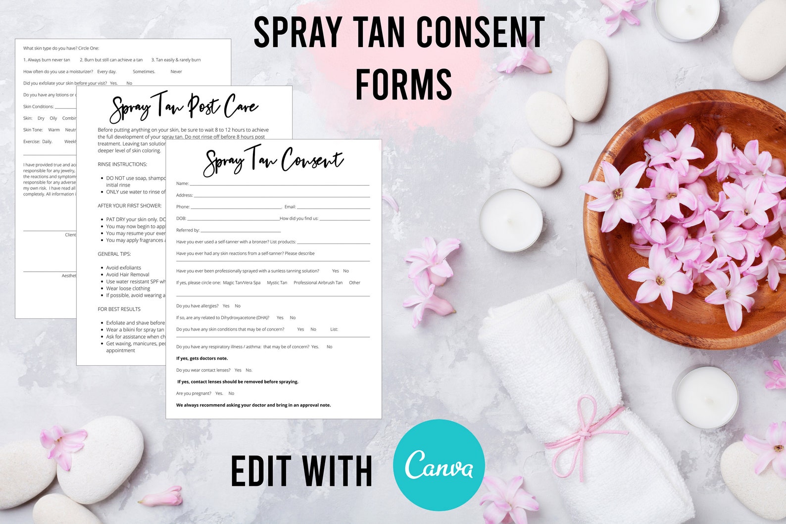 Editable Spray Tan Consent Forms, Aftercare Instructions, Esthetician ...