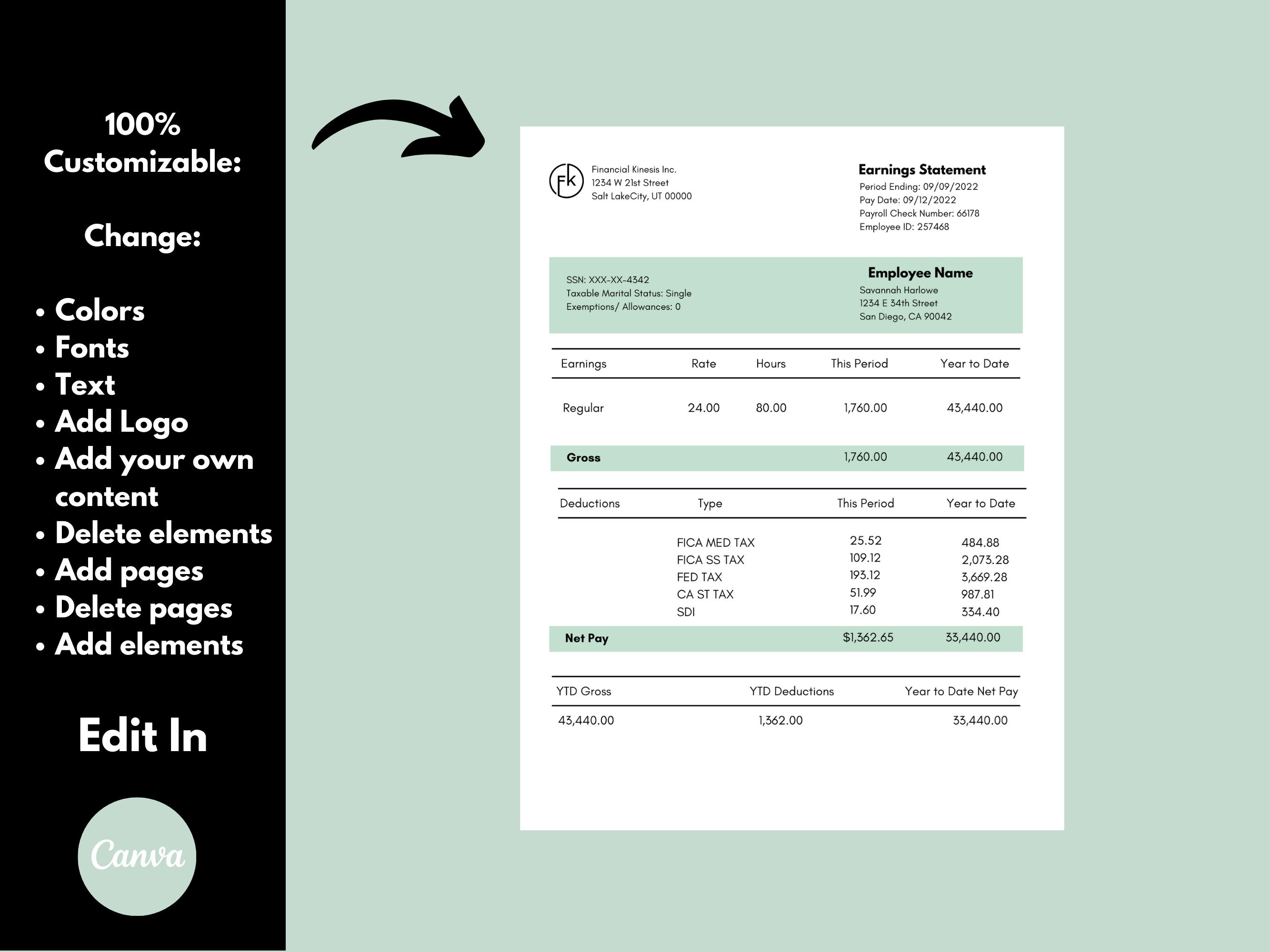 Employee Pay Stub, Pay Stub Template, Editable Pay Stub, Payroll Check ...