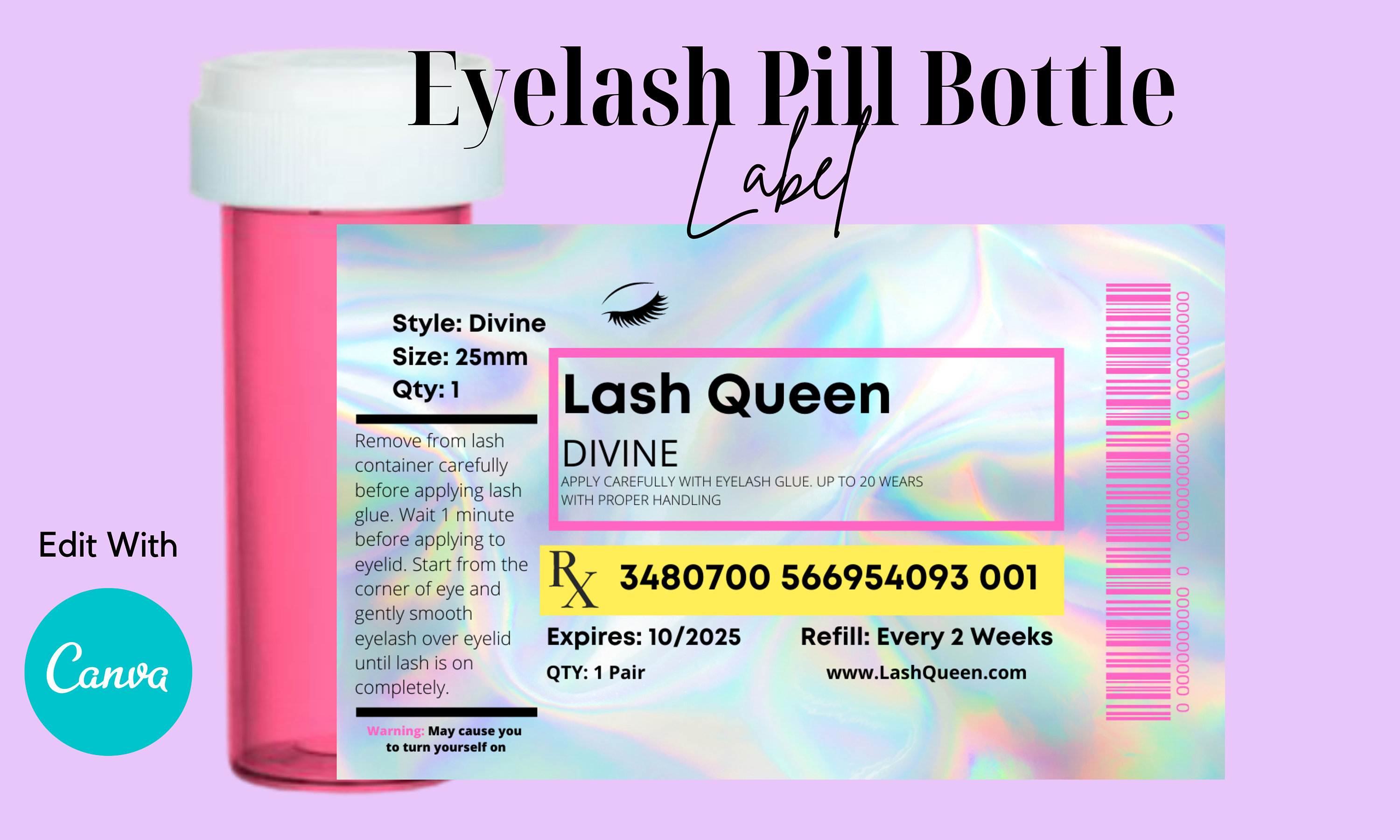 Eyelash Pill Bottle Label// Eyelash Extension Pill Bottle Label// Edit ...