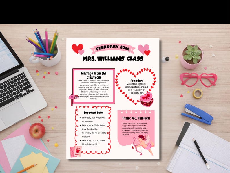February Classroom Newsletter Template | Valentine’s Day School ...