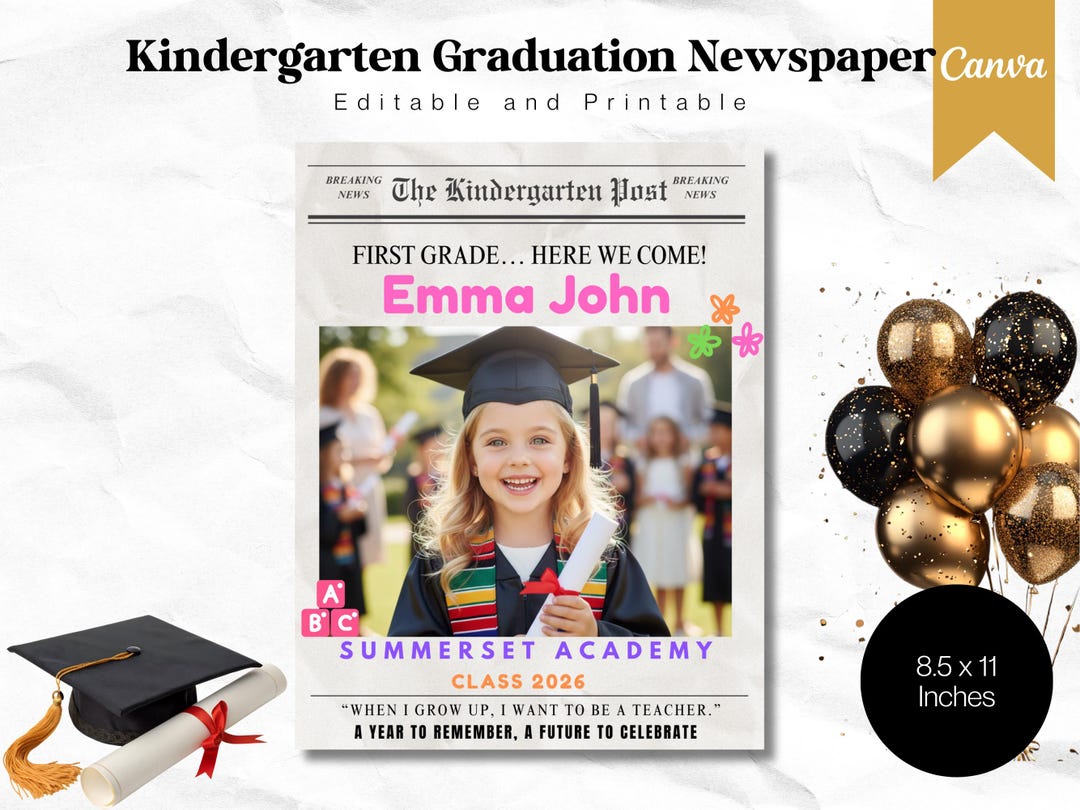 Kindergarten Graduation Newspaper Template | Editable Canva Preschool ...