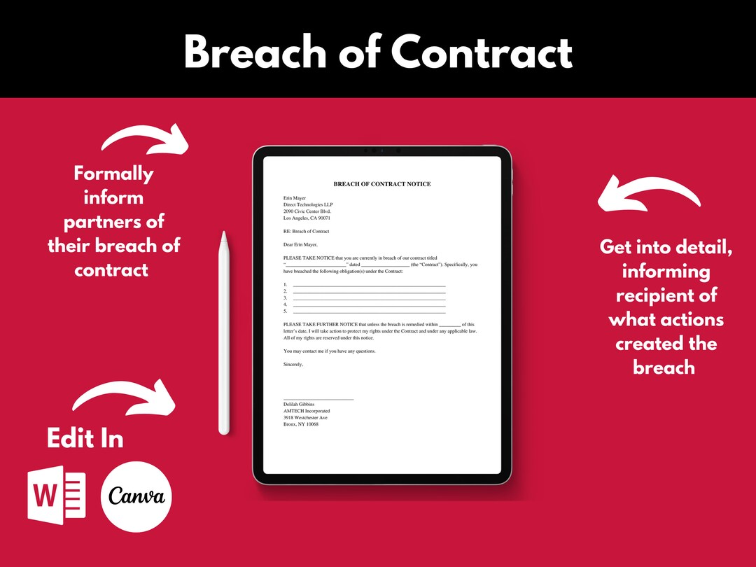 Breach of Contract Template, Printable Breach of Contract, Business ...