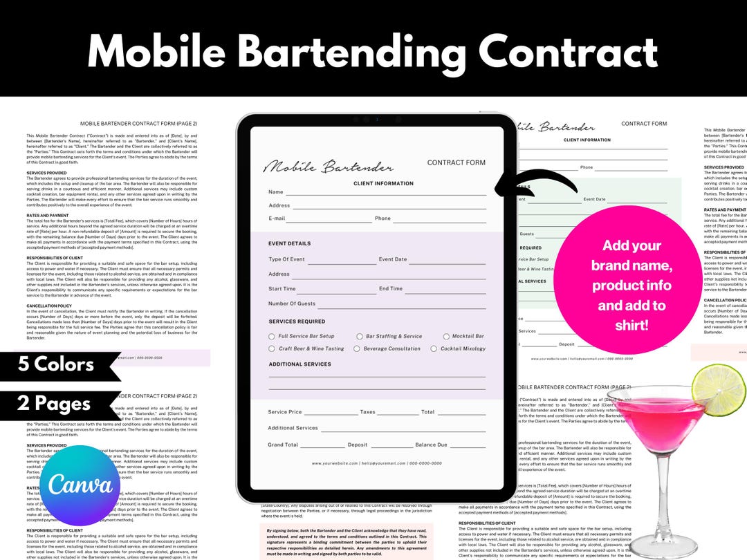 Mobile Bartender Contract Template: Customizable Canva Agreement ...