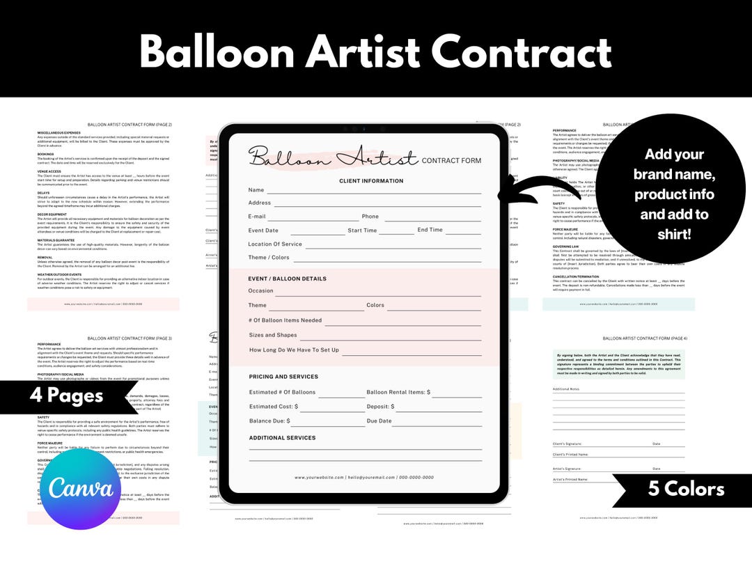 Editable Balloon Artist Contract Template: Canva Agreement (digital ...