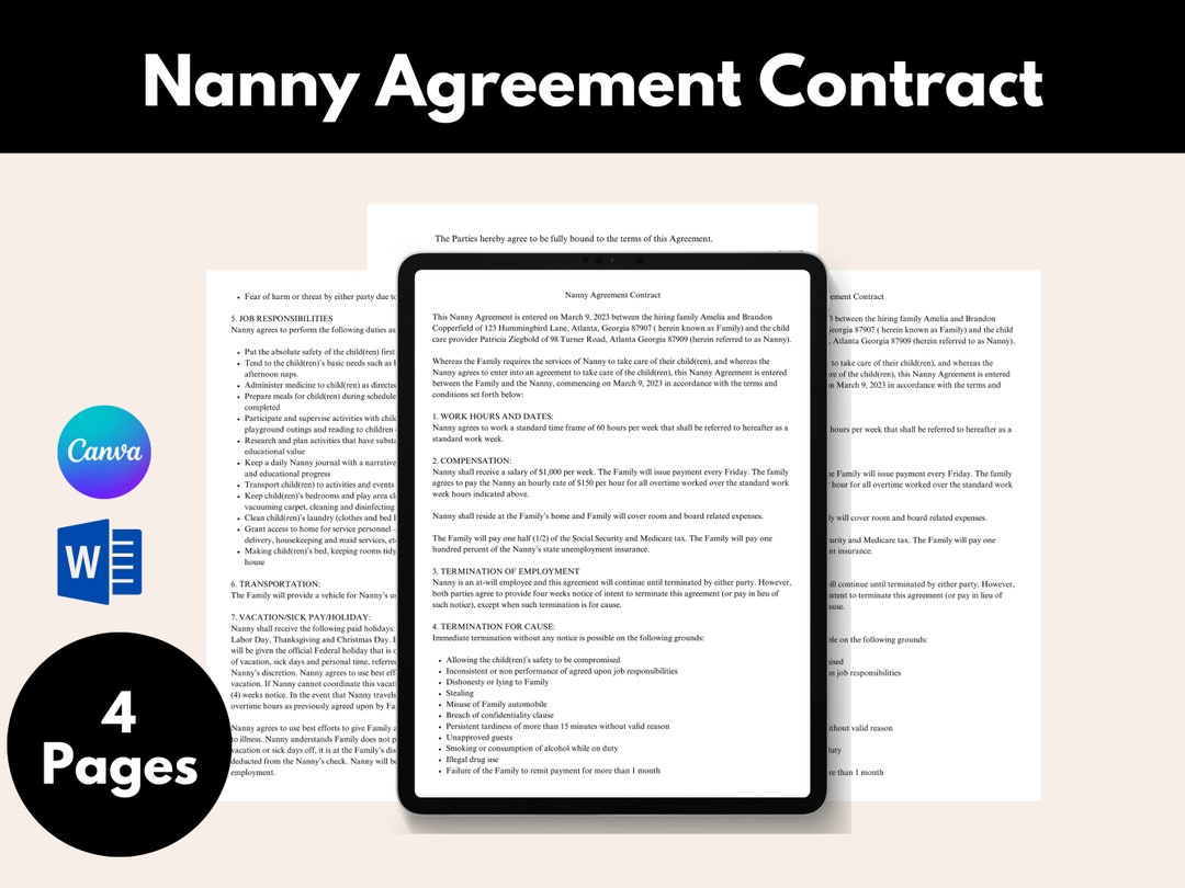 Nanny Contract Agreement Template, Editable Nanny Contract, Nanny ...