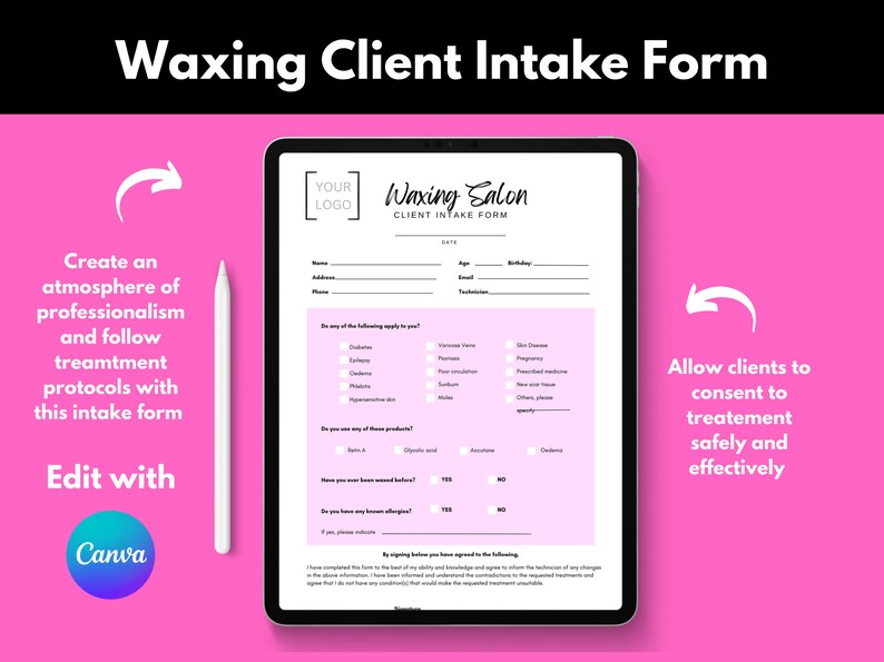 Waxing Client Intake Consent Form, Aesthetician Consent Form, Client ...