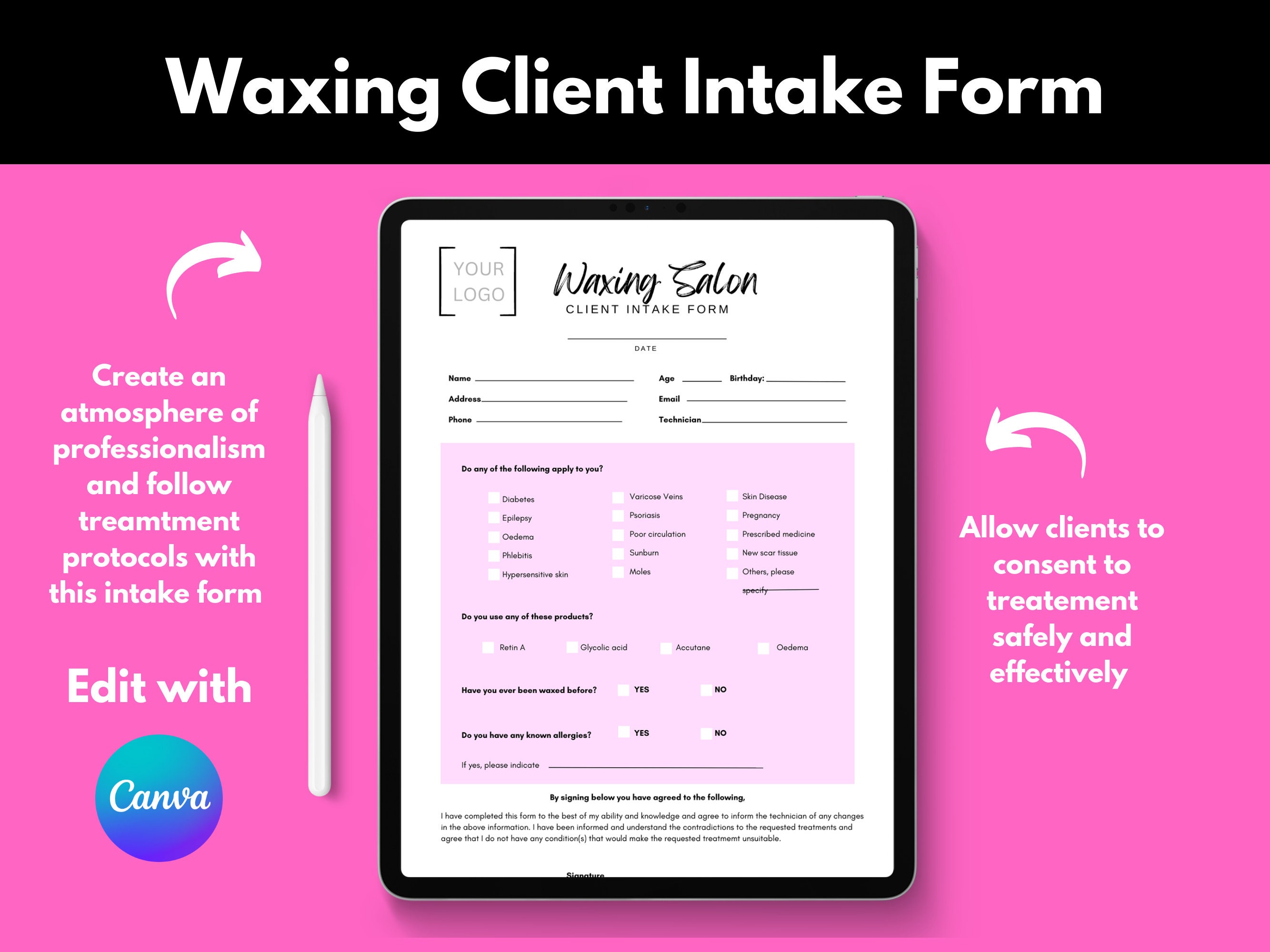Waxing Client Intake Consent Form, Aesthetician Consent Form, Client Consent to Treatment, Canva ...