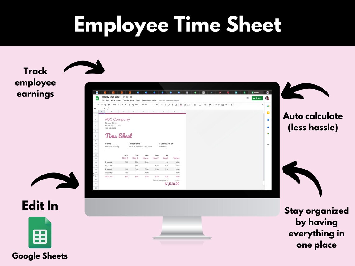 Employee Time Sheet, Editable Employee Time Management Sheet, Edit With ...