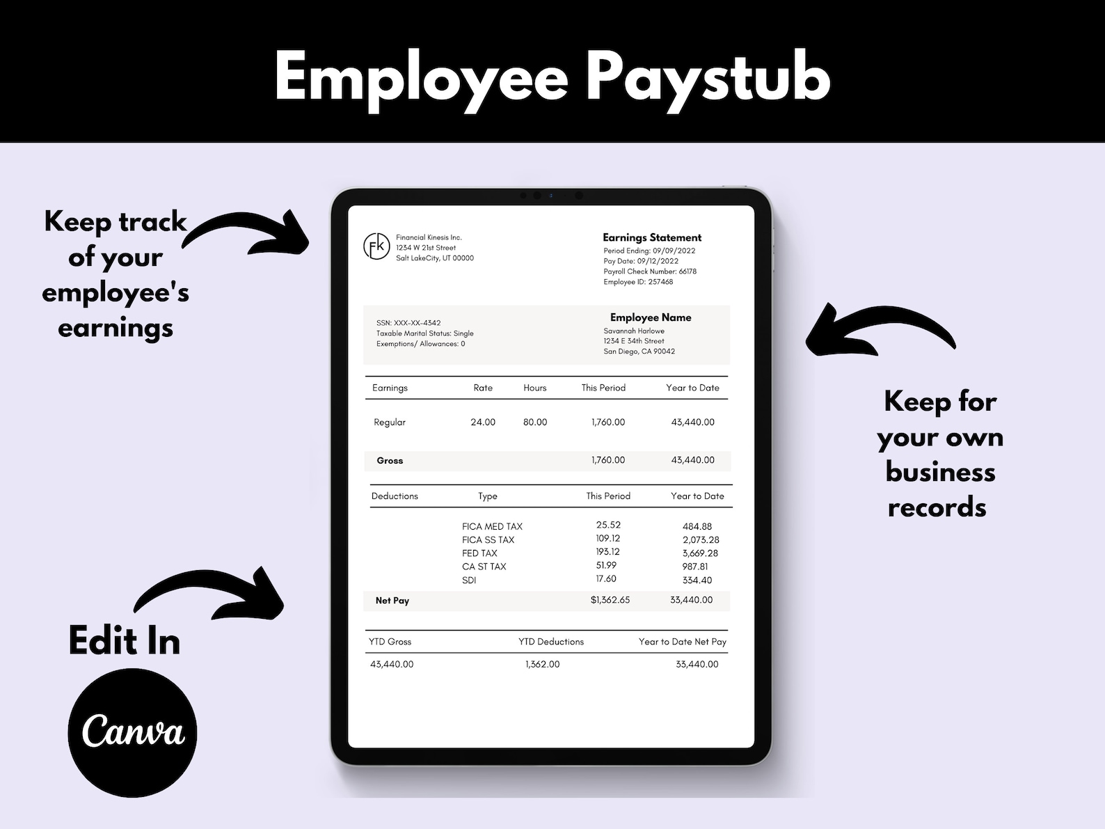 Editable Employee Pay Stub Template: Payroll Check, Earnings Statement ...