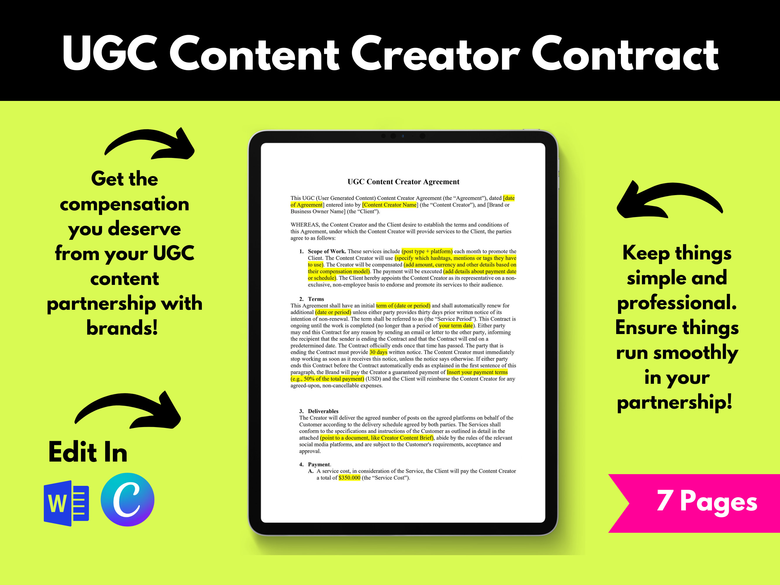 UGC Content Creator Contract Template, User Generated Content, UGC ...