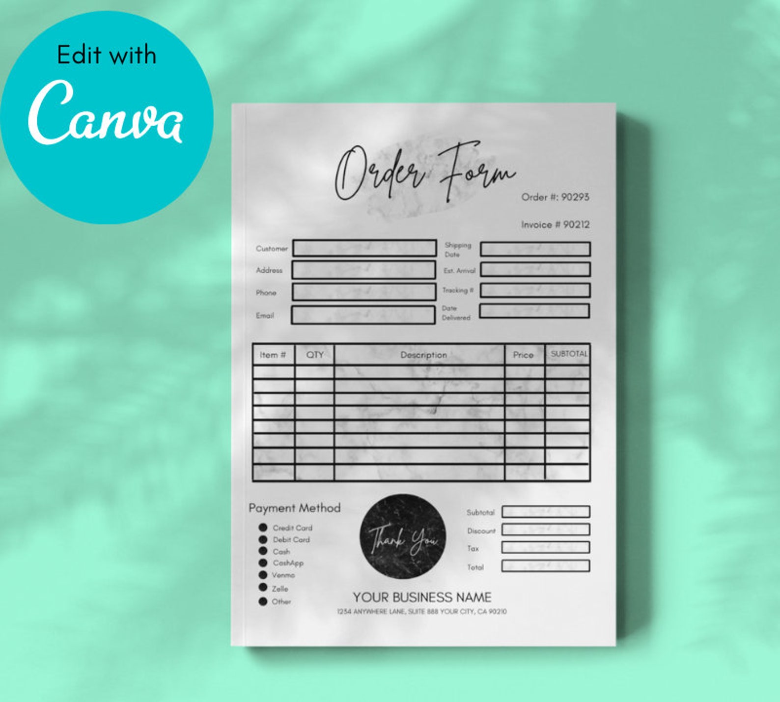 Marble Order Form// Client Order Form// Editable Order Form// Printable ...