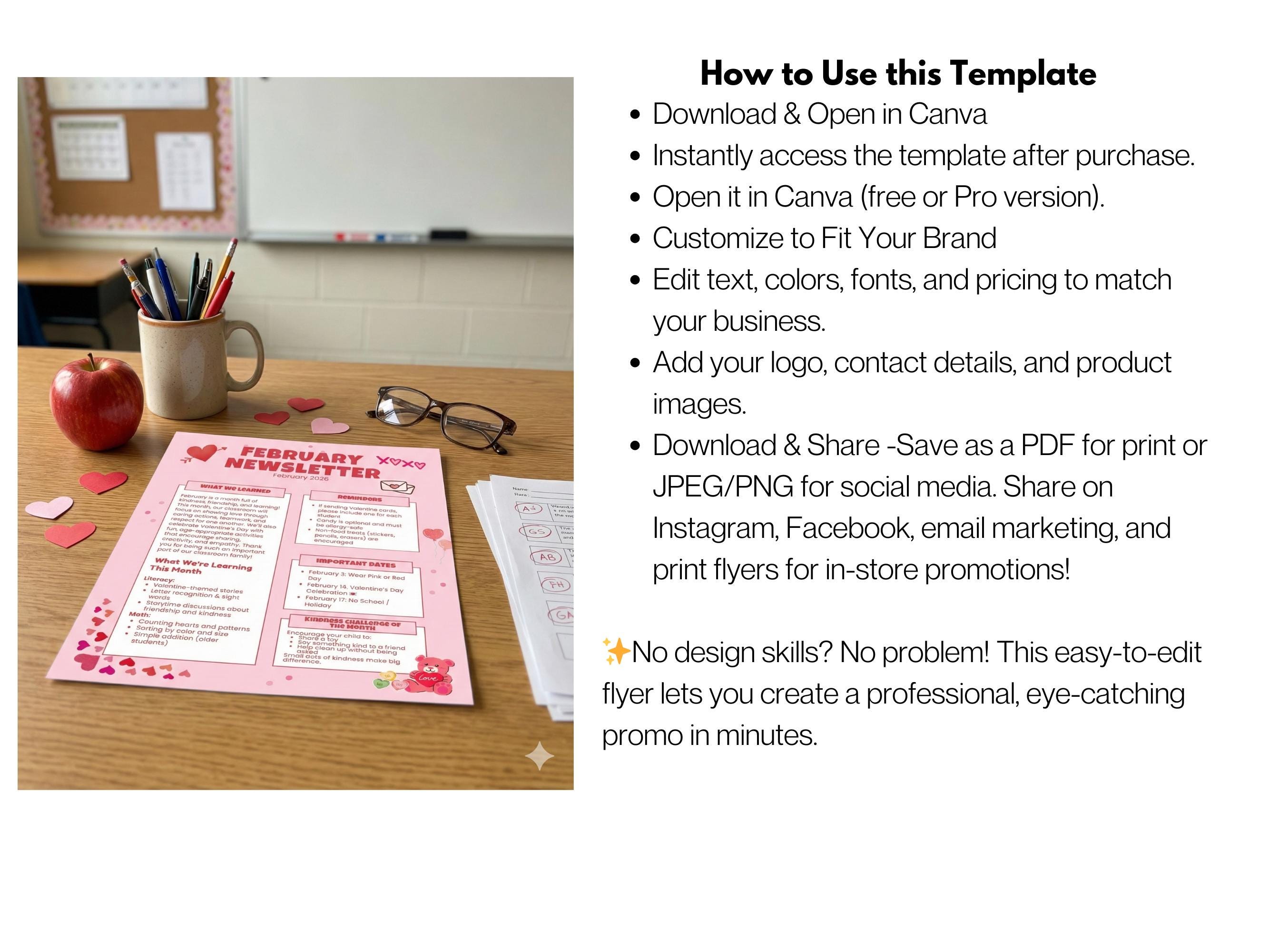 February Classroom Newsletter Template | Valentine’s Day School ...