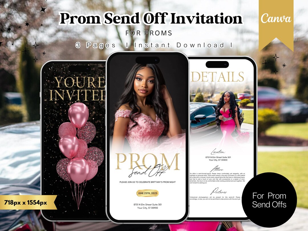 Digital Prom Send off Invitation, Pink Glam Prom Party Invite, Animated ...