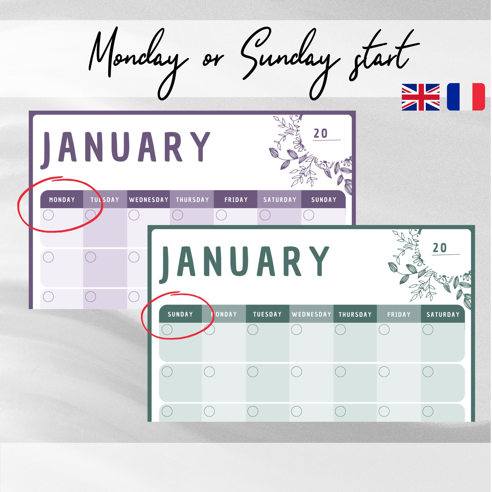Calendrier Imprimable Portrait (français-english Lundi Ou Dimanche ...