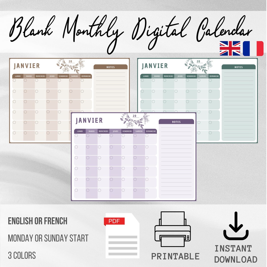 Calendrier Imprimable Paysage (français-english Lundi Ou Dimanche ...