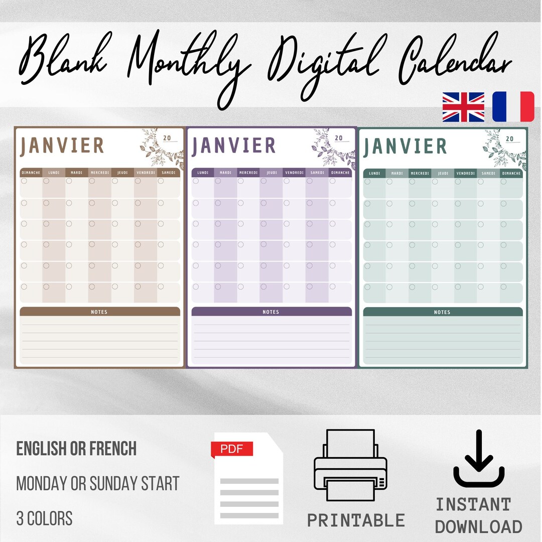 Calendrier Imprimable Portrait (français-english Lundi Ou Dimanche ...