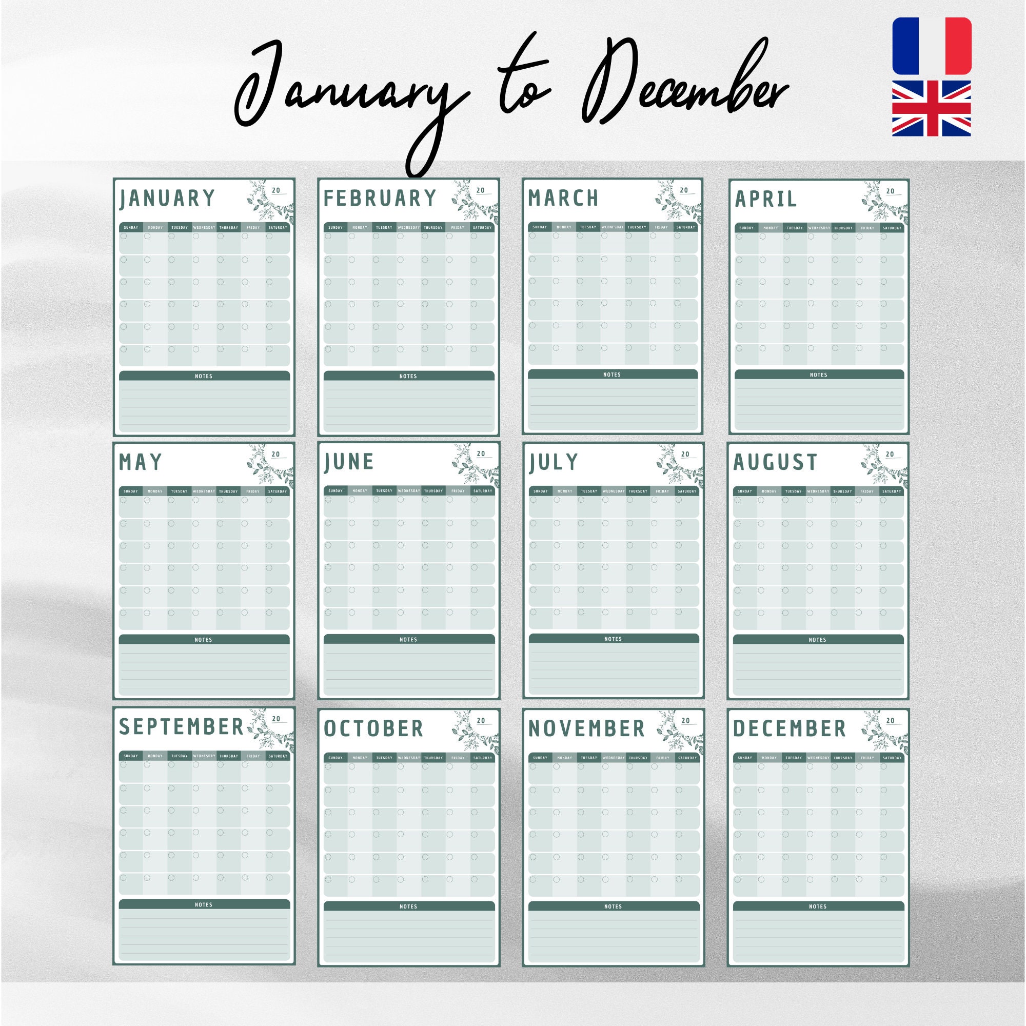 Calendrier Imprimable Portrait (français-english Lundi Ou Dimanche ...