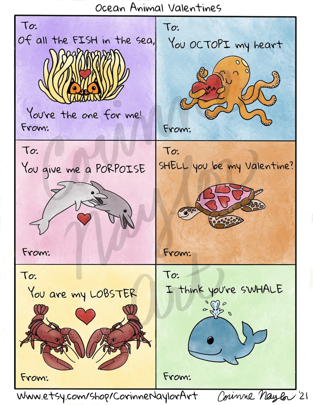 6 Printout Valentines Day Cards/ Ocean Animals - Etsy