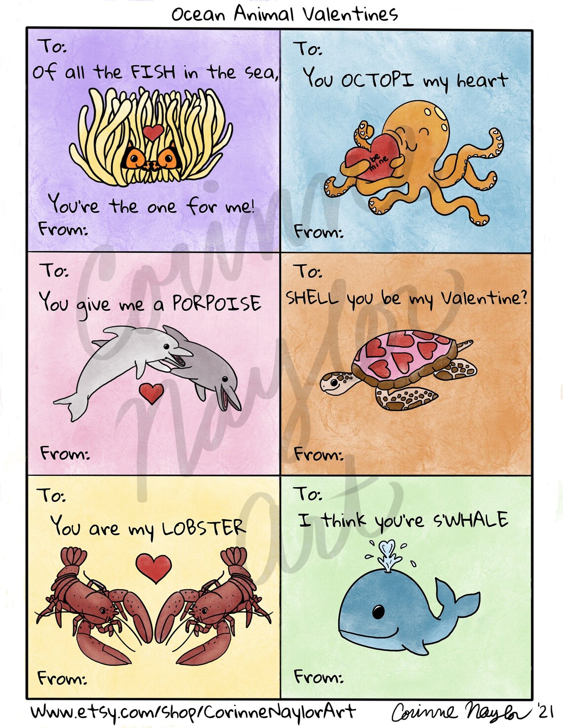 6 Printout Valentines Day Cards/ Ocean Animals - Etsy