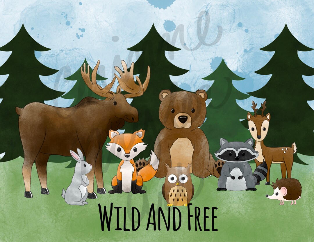 Wild and Free Woodland Animal Digital Download Print Green Trees/ Blue ...