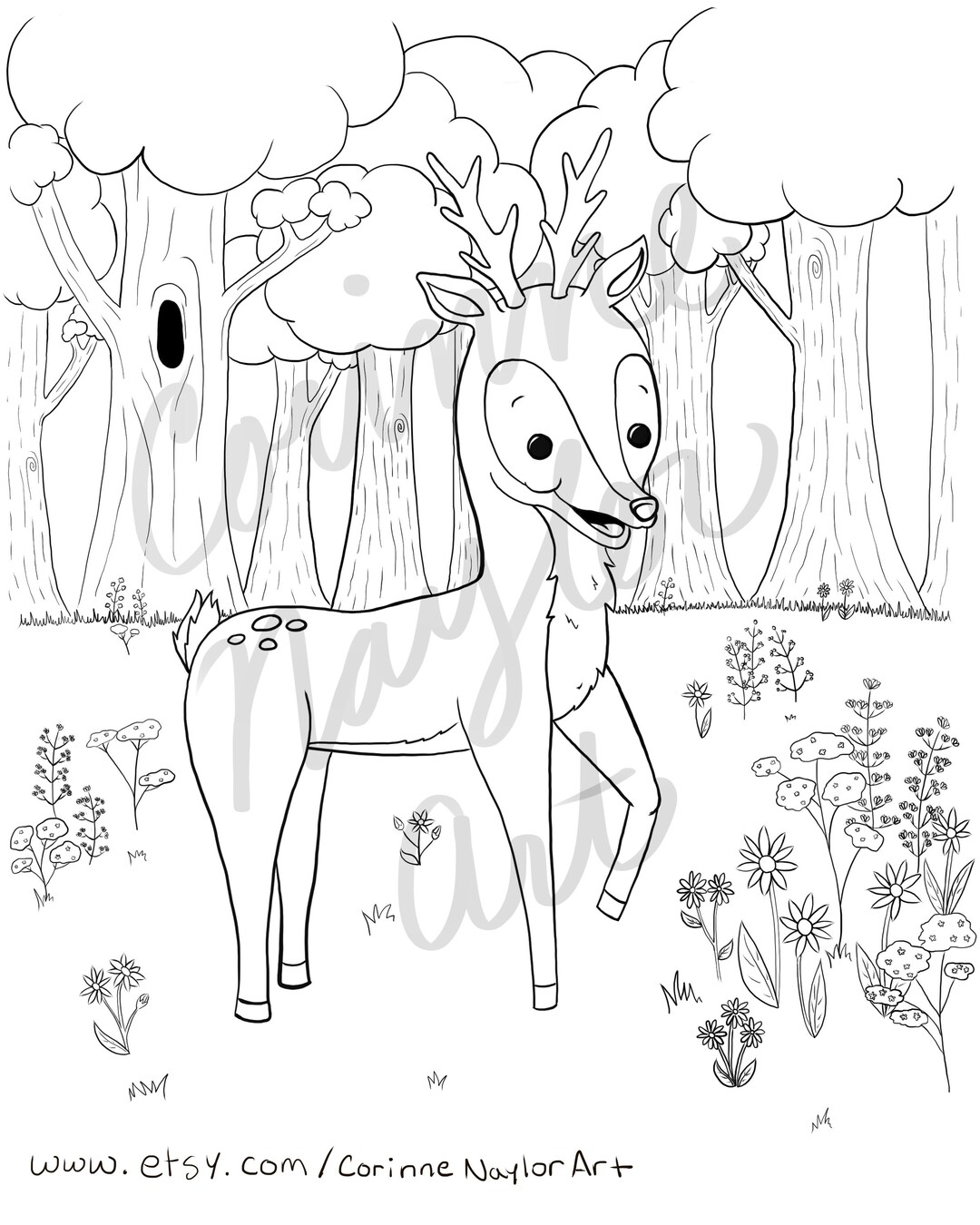Forest Friends Coloring Page: Deer - Etsy