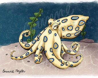 Blue-ringed Octopus With Hat Art Print (no Frame) - Etsy
