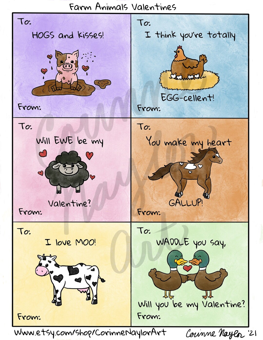 6 Printout Valentines Day Cards/ Farm Animals - Etsy