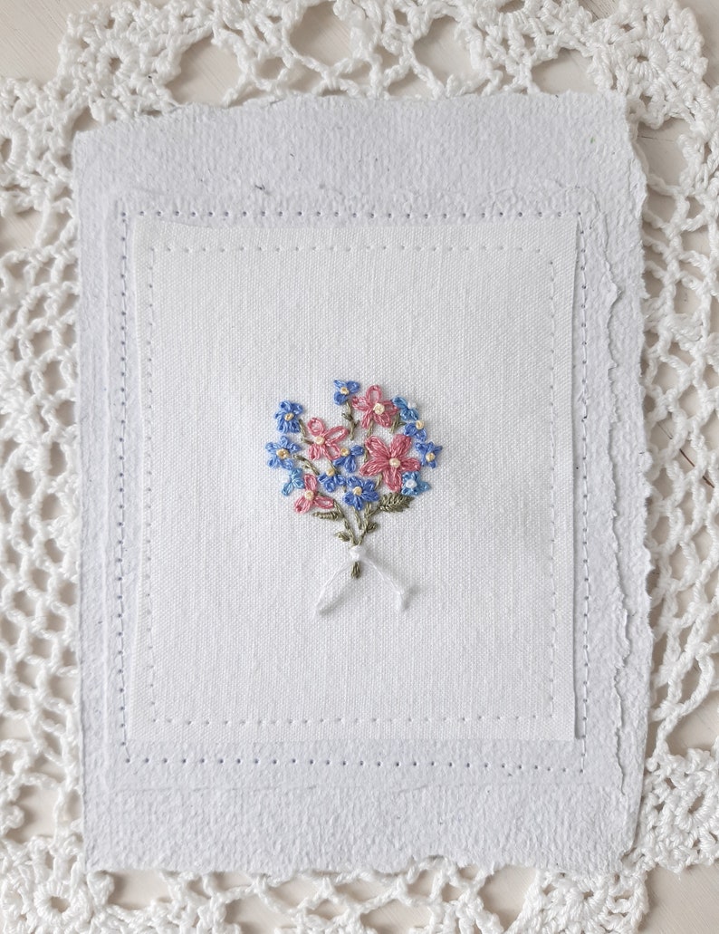 Hand Sewn Forget Me Not Posy Post Card, Forget Me Not Embroidered ...