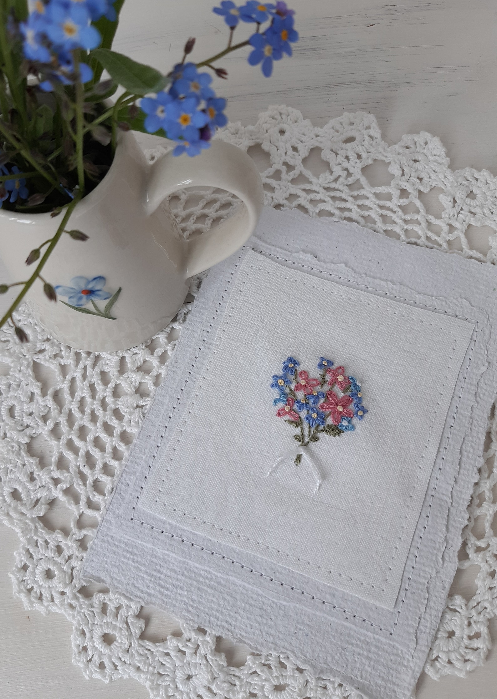 Hand Sewn Forget Me Not Posy Post Card, Forget Me Not Embroidered ...