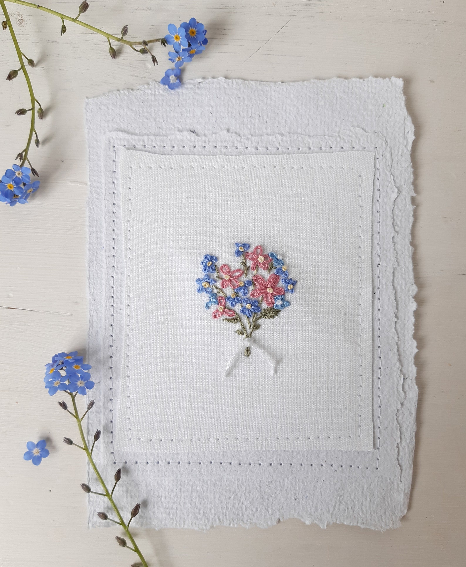 Hand Sewn Forget Me Not Posy Post Card, Forget Me Not Embroidered ...