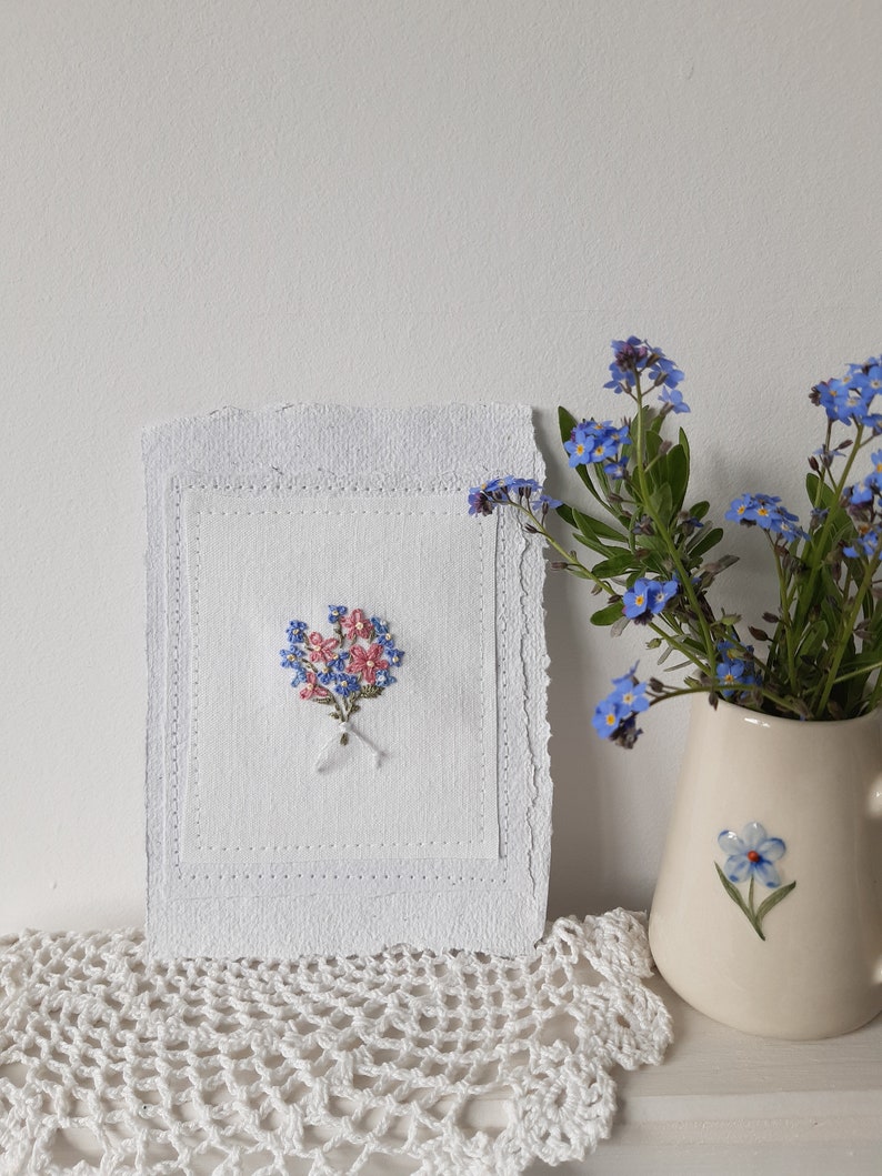 Hand Sewn Forget Me Not Posy Post Card, Forget Me Not Embroidered ...