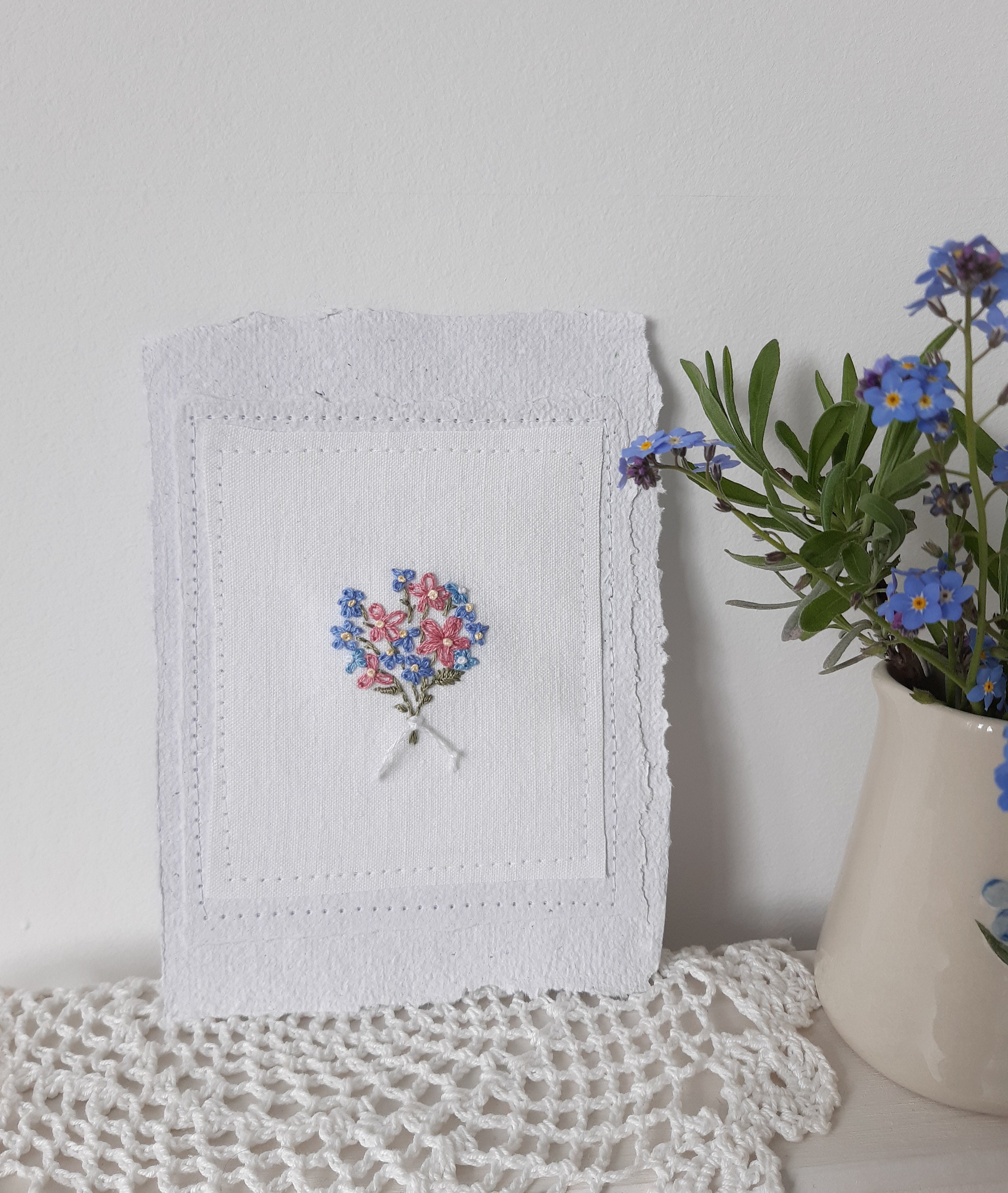 Hand Sewn Forget Me Not Posy Post Card, Forget Me Not Embroidered ...