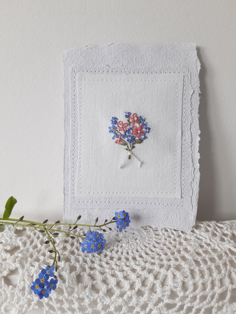 Hand Sewn Forget Me Not Posy Post Card, Forget Me Not Embroidered ...