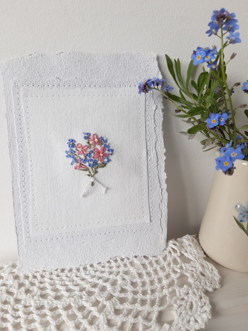 Hand Sewn Forget Me Not Posy Post Card, Forget Me Not Embroidered ...