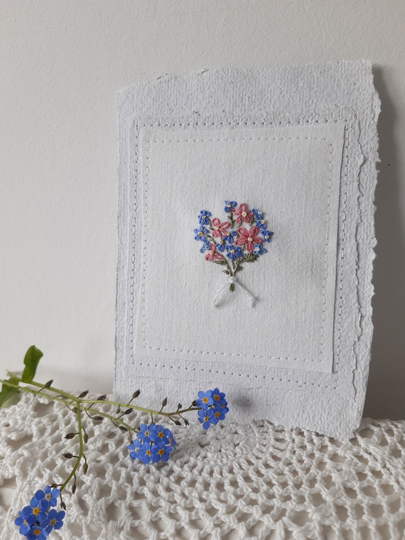Hand Sewn Forget Me Not Posy Post Card, Forget Me Not Embroidered ...