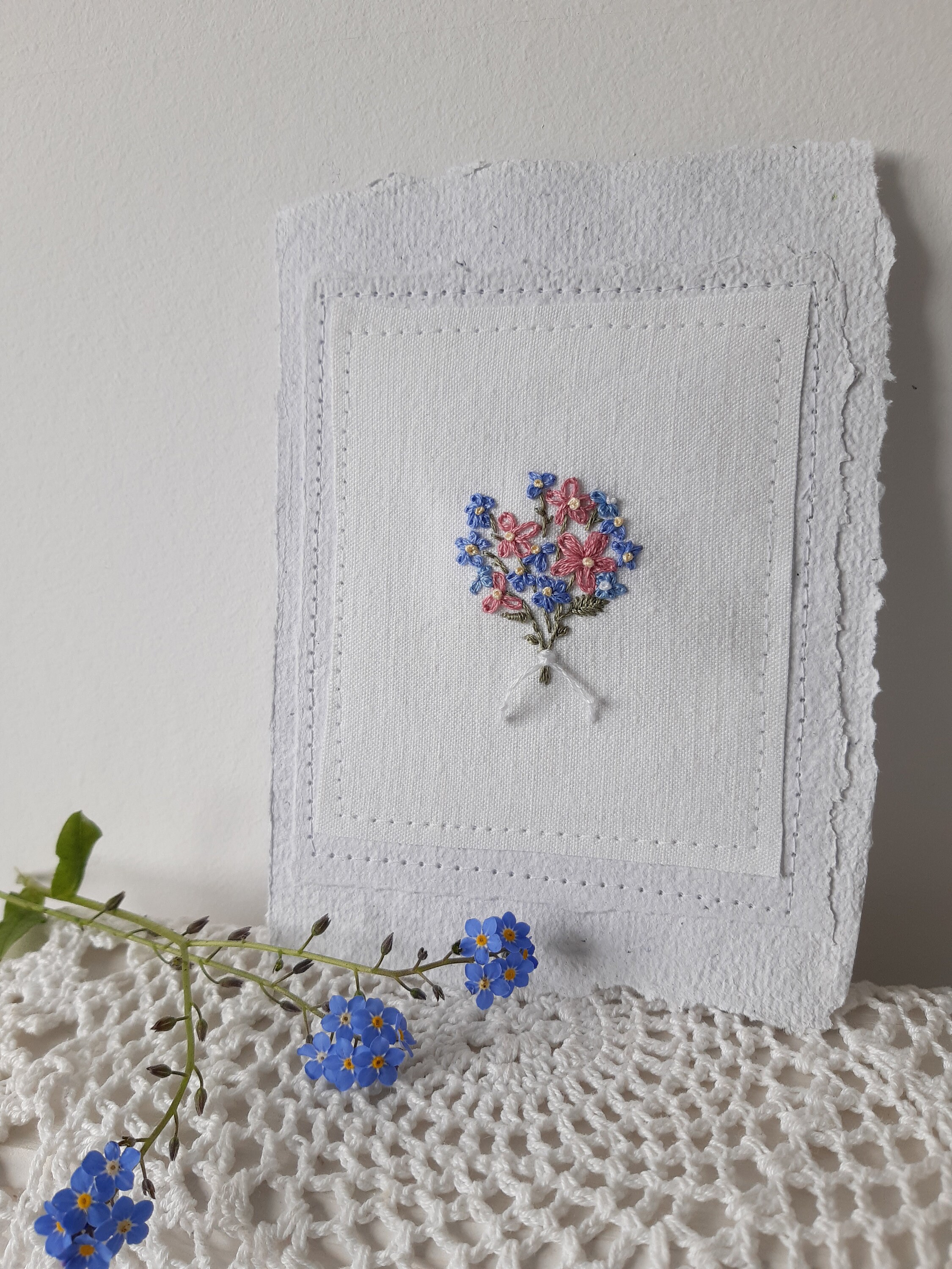 Hand Sewn Forget Me Not Posy Post Card, Forget Me Not Embroidered ...