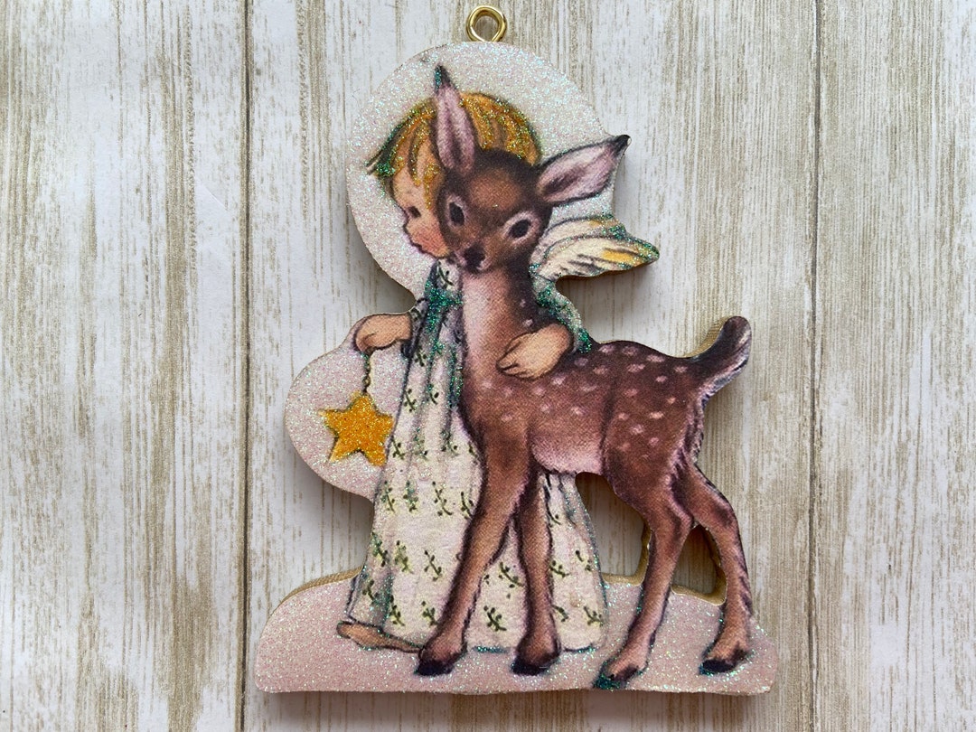 Angel and Deer ~ Christmas Ornament ~ Vintage Card Image ~ Glitter and ...