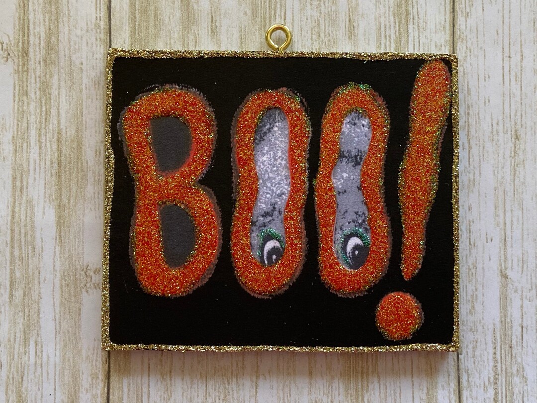 BOO! Eyes Peeking ~ Halloween Ornament ~ Vintage Card Image ~ Glitter ...