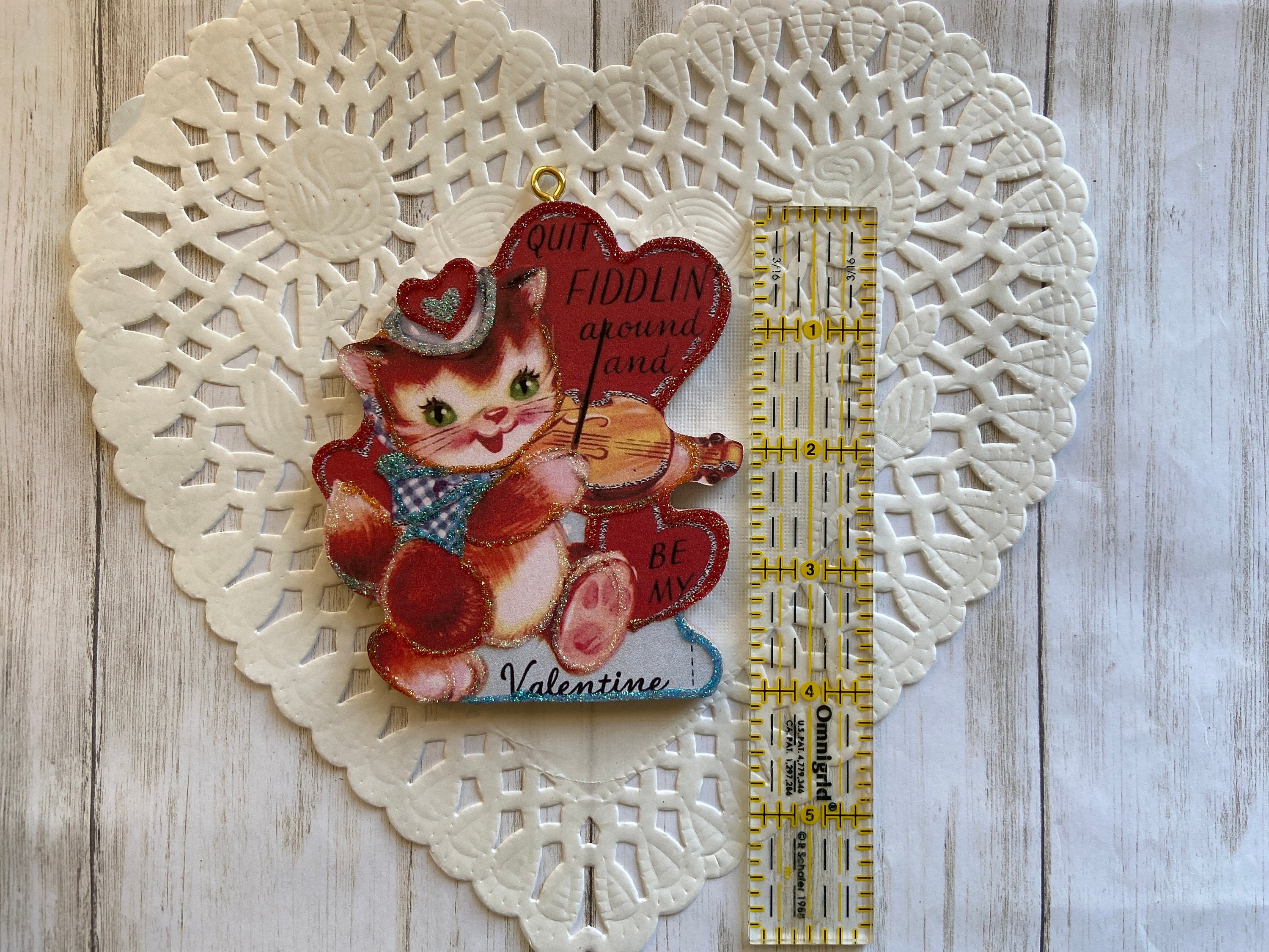 Cat With a Fiddle ~ Valentine Ornament ~ Vintage Card Image ~ Glitter ...
