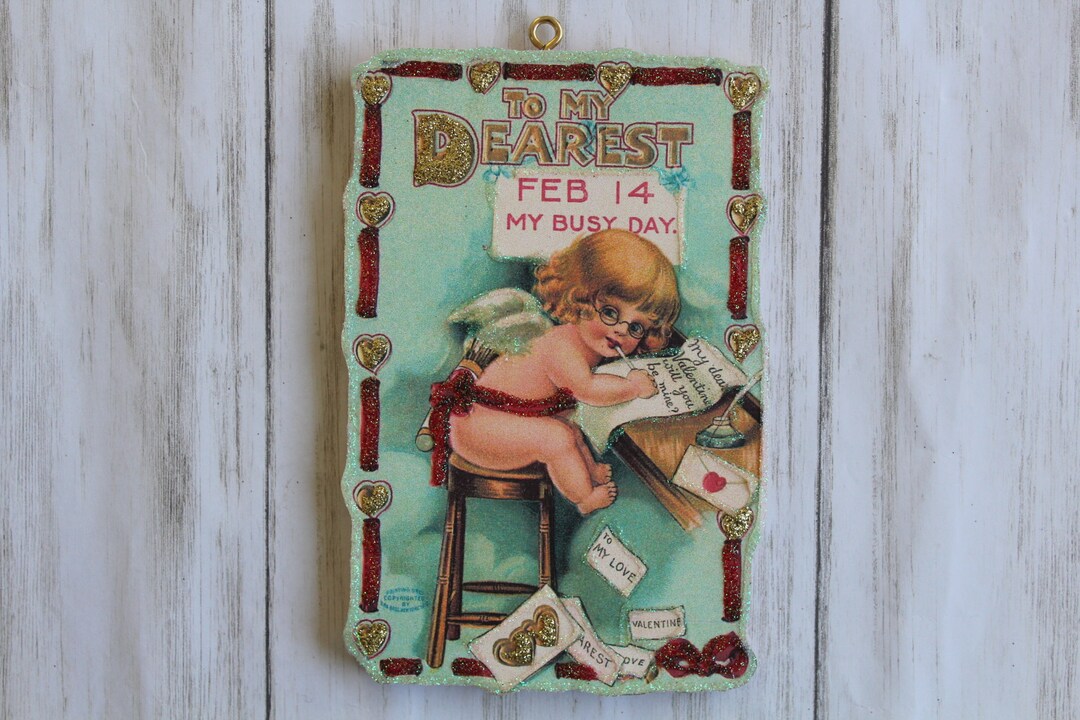 Cupid Writing Love Letters Valentine Ornament Vintage Card Image ...