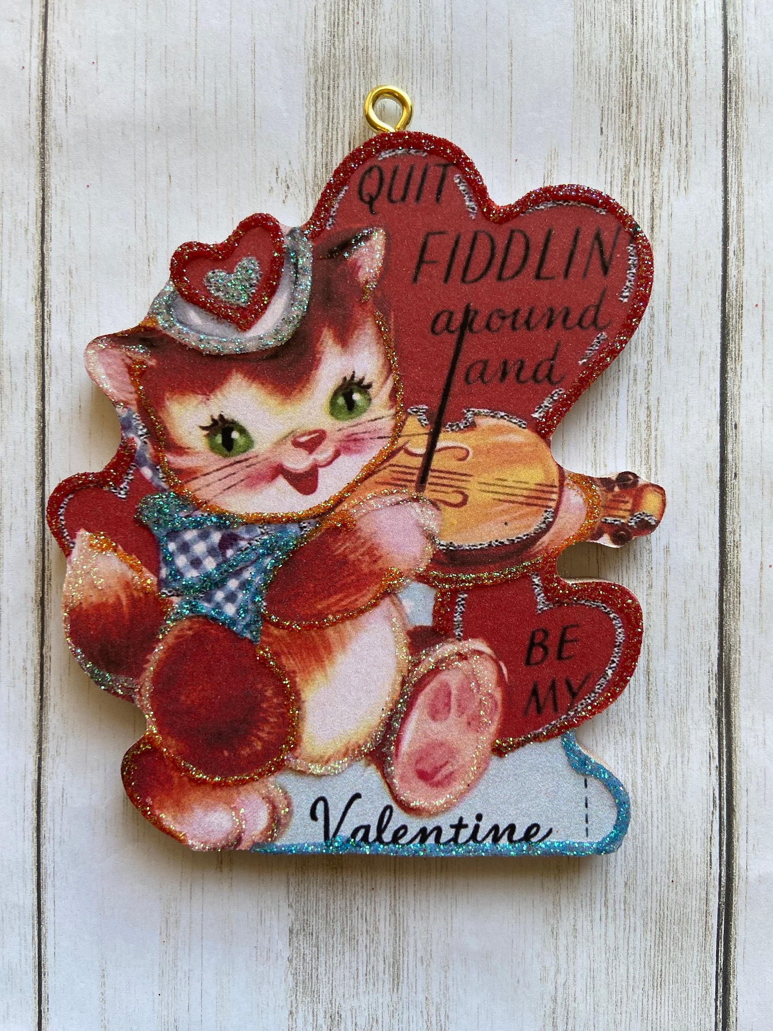 Cat With a Fiddle ~ Valentine Ornament ~ Vintage Card Image ~ Glitter ...